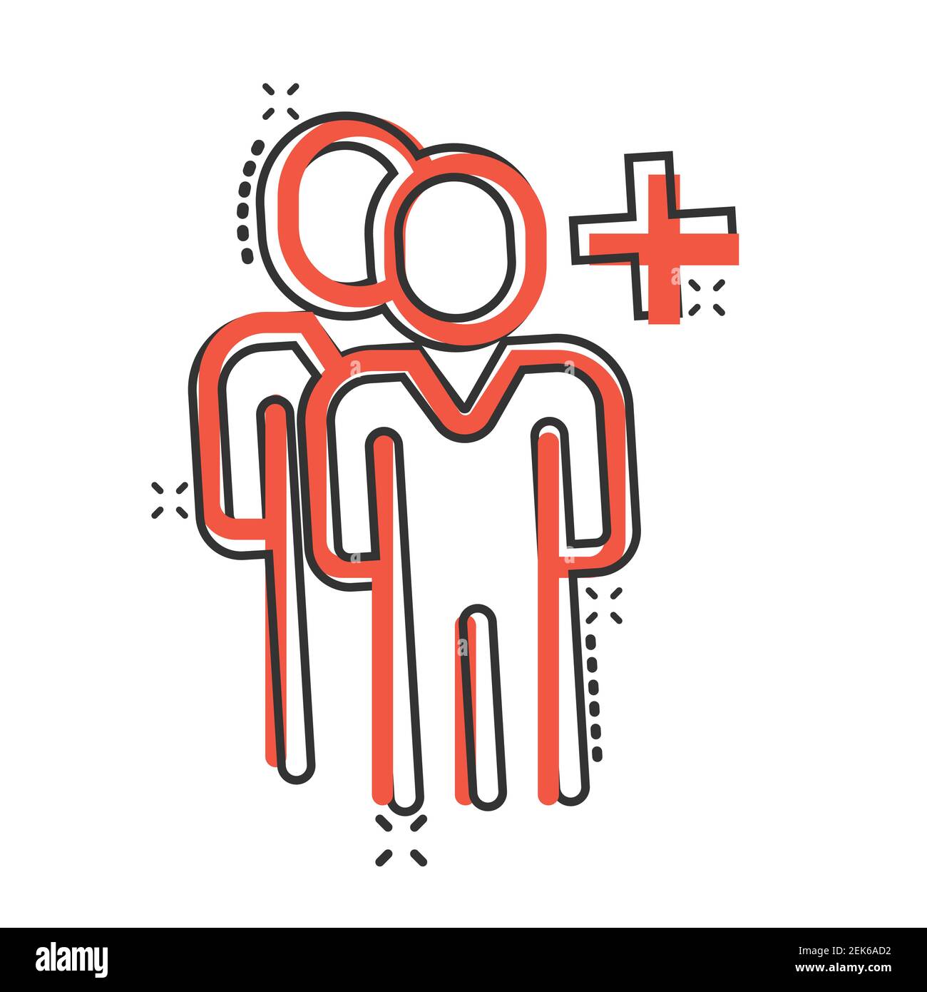 People with plus icon in comic style. Staff cartoon vector collection ...