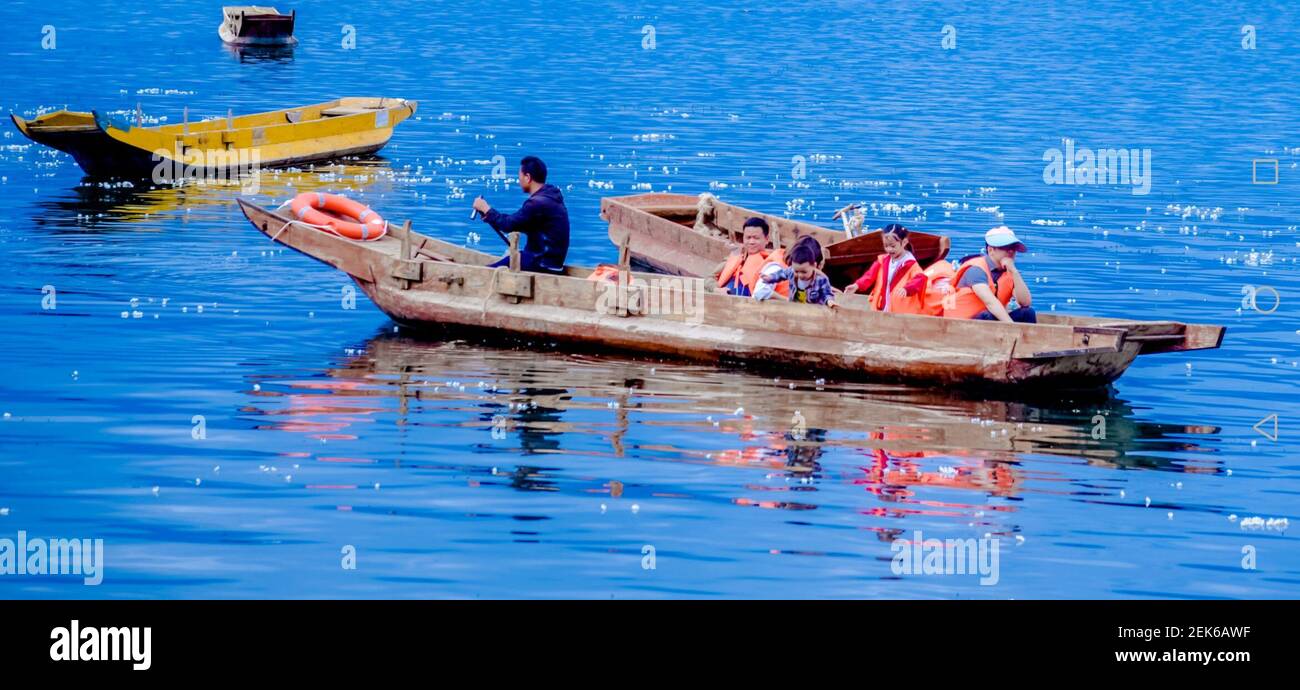 Visitors on a boat enjoy flower blossom of ottelia acuminata, a plant ...