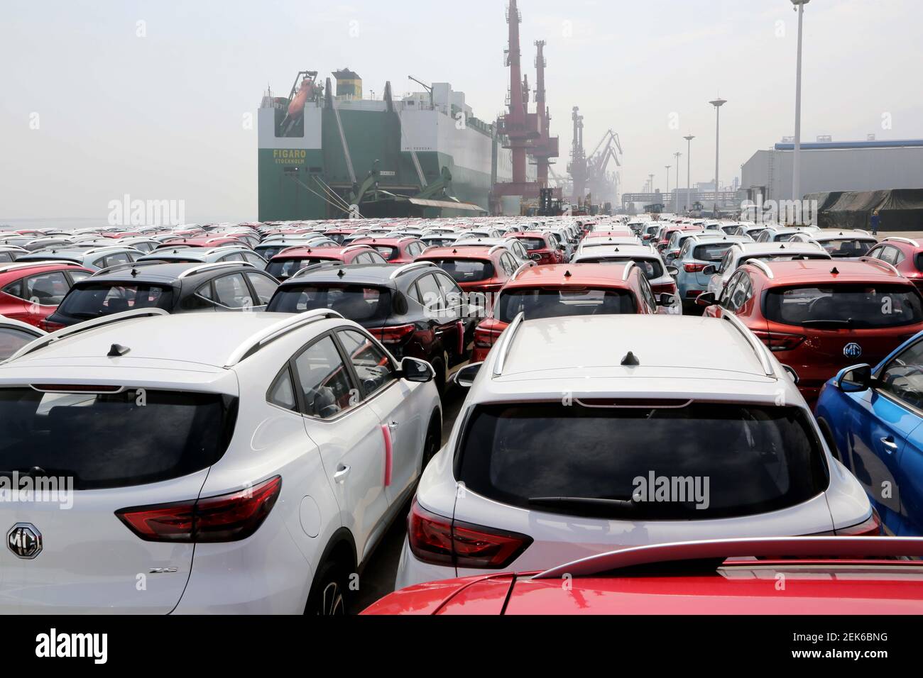 LIANYUNGANG, CHINA - JUNE 19, 2020 - A large ocean ro ro ship berthing ...