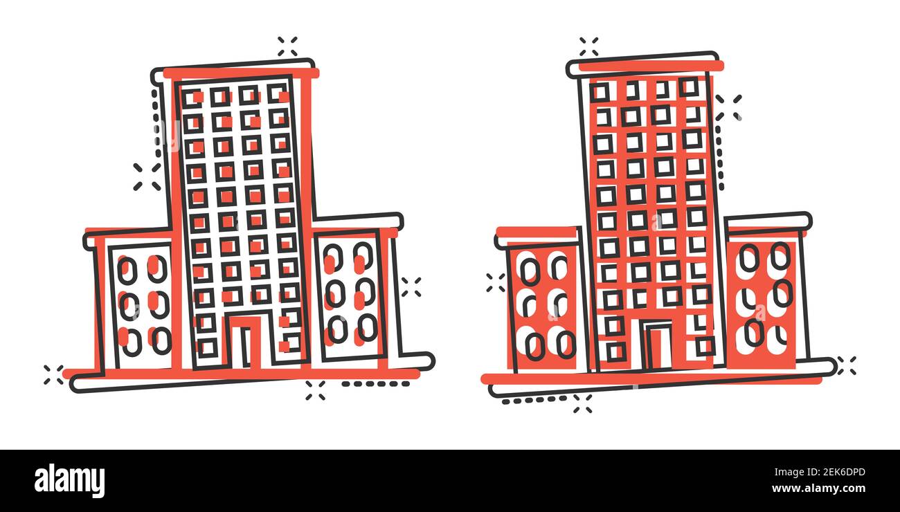 Building icon in comic style. Town skyscraper apartment cartoon vector ...