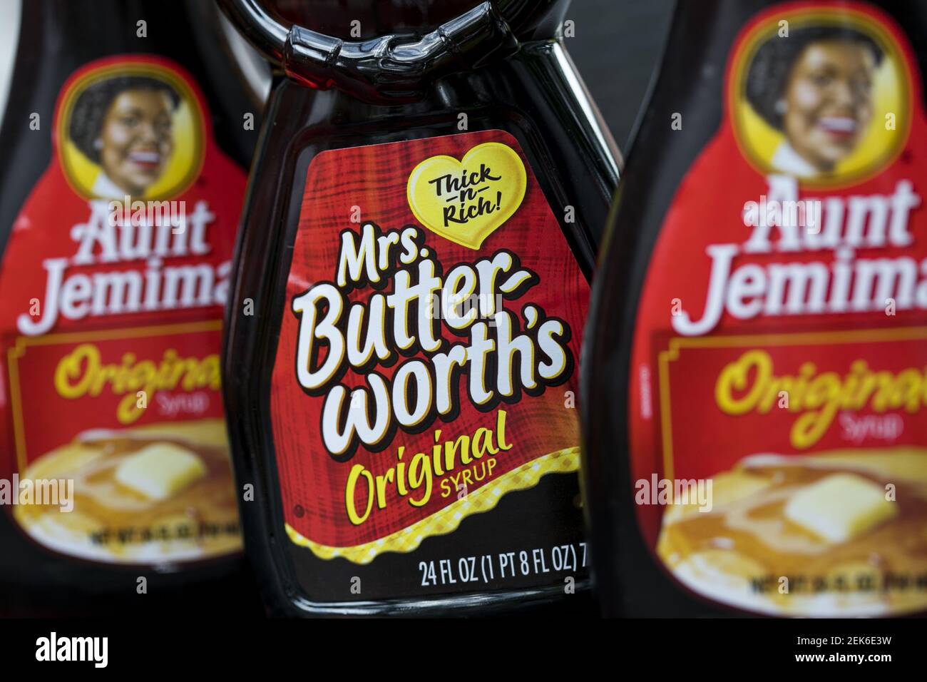 Bottles Of Aunt Jemima And Mrs Butterworths Syrup Arranged For A
