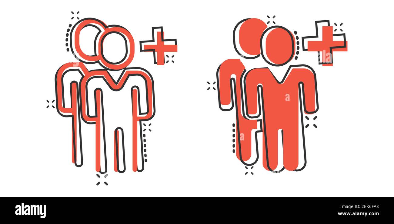 People with plus icon in comic style. Staff cartoon vector collection ...