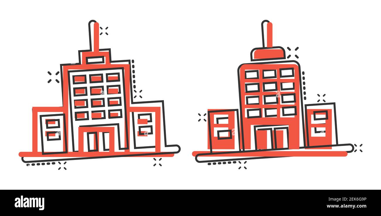 Building icon in comic style. Town skyscraper apartment cartoon vector ...