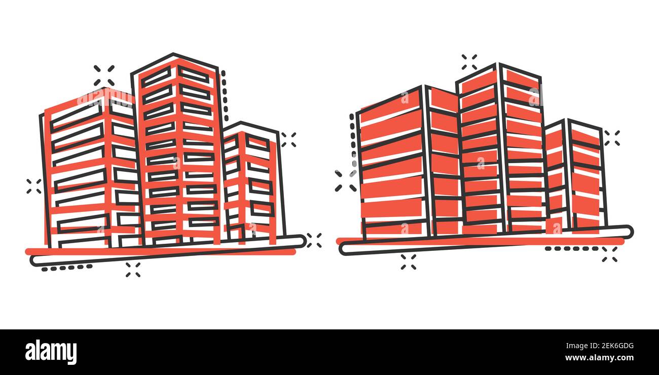 Building icon in comic style. Town skyscraper apartment cartoon vector ...