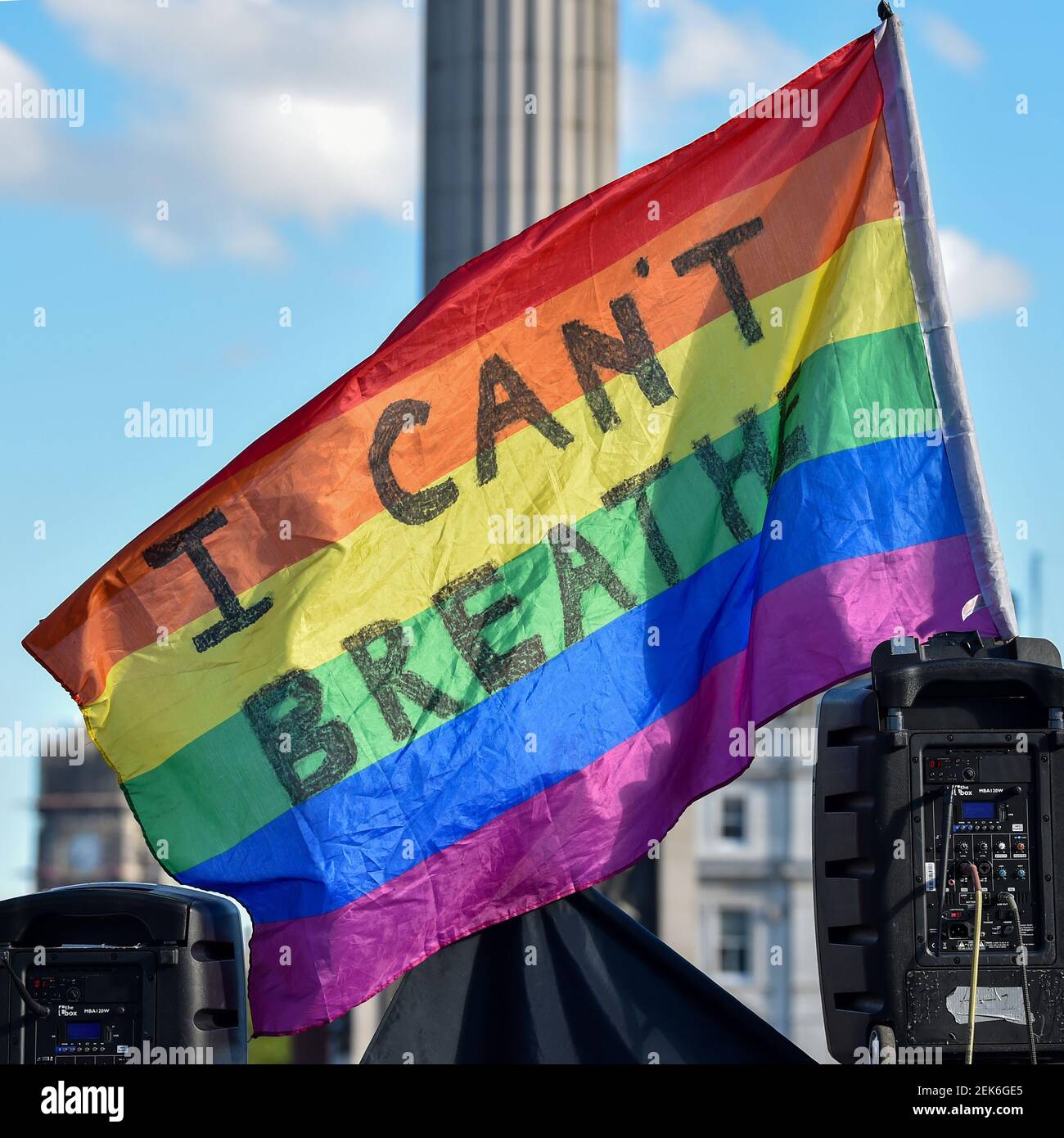 A Pride rainbow flag written on I can't breathe flies in Trafalgar ...