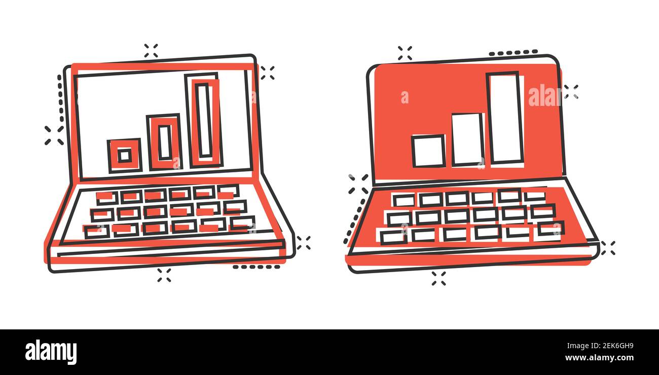 Laptop chart icon in comic style. SEO data cartoon vector illustration ...