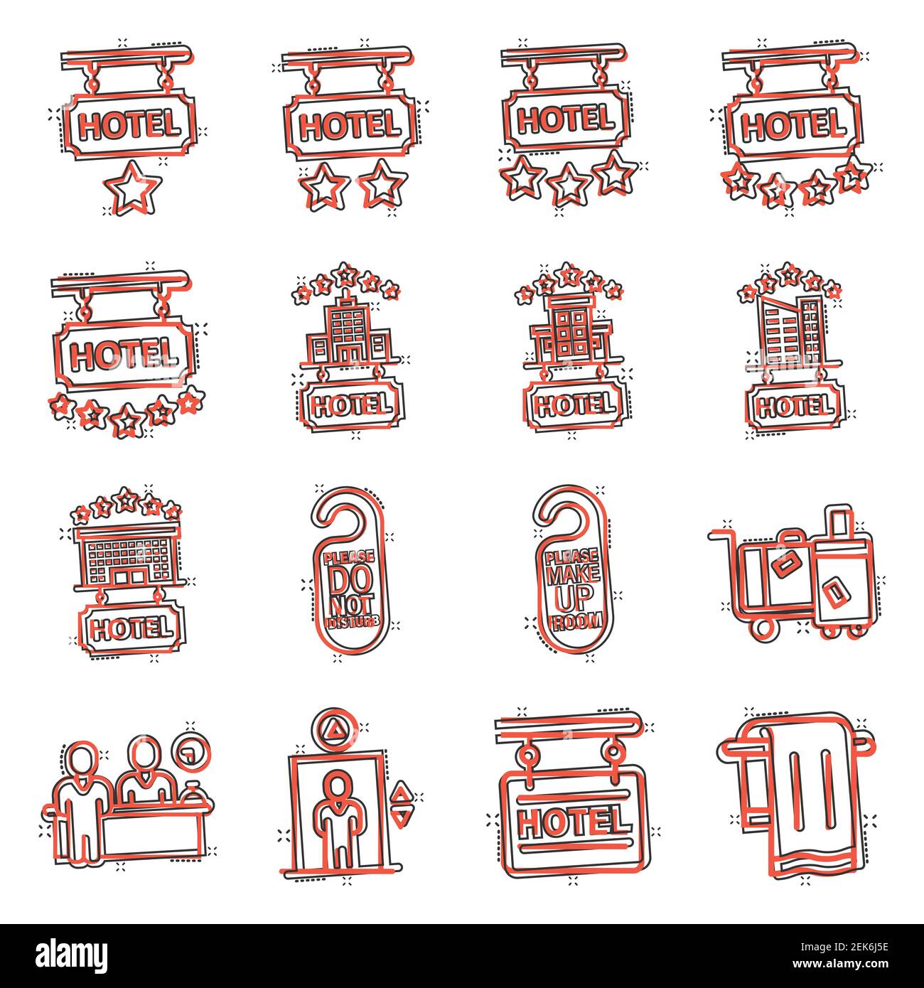 Hotel icon set in comic style. Booking cartoon vector illustration on ...