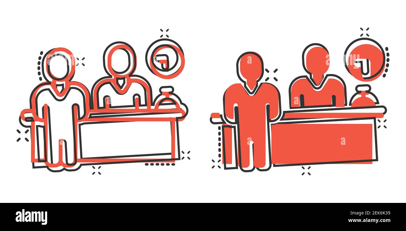 Check in reception icon in comic style. Booking service cartoon vector ...