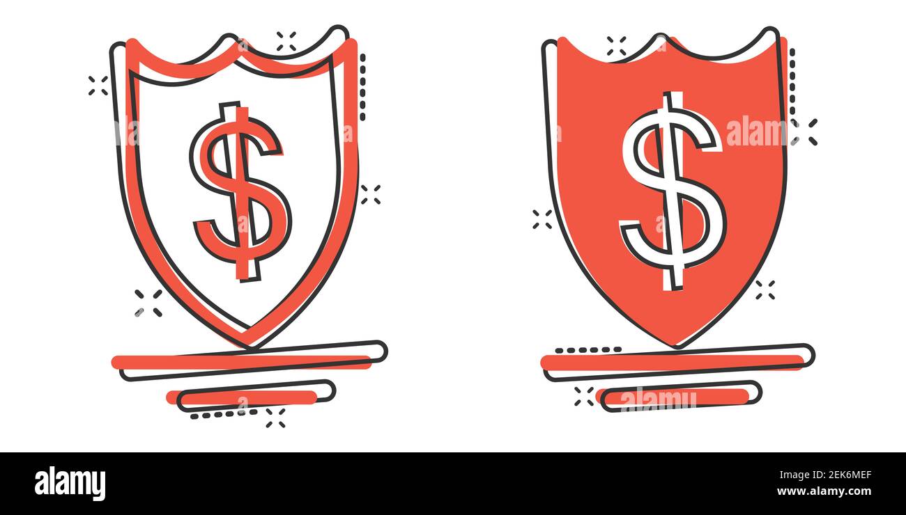Shield with money icon in comic style. Cash protection cartoon vector ...