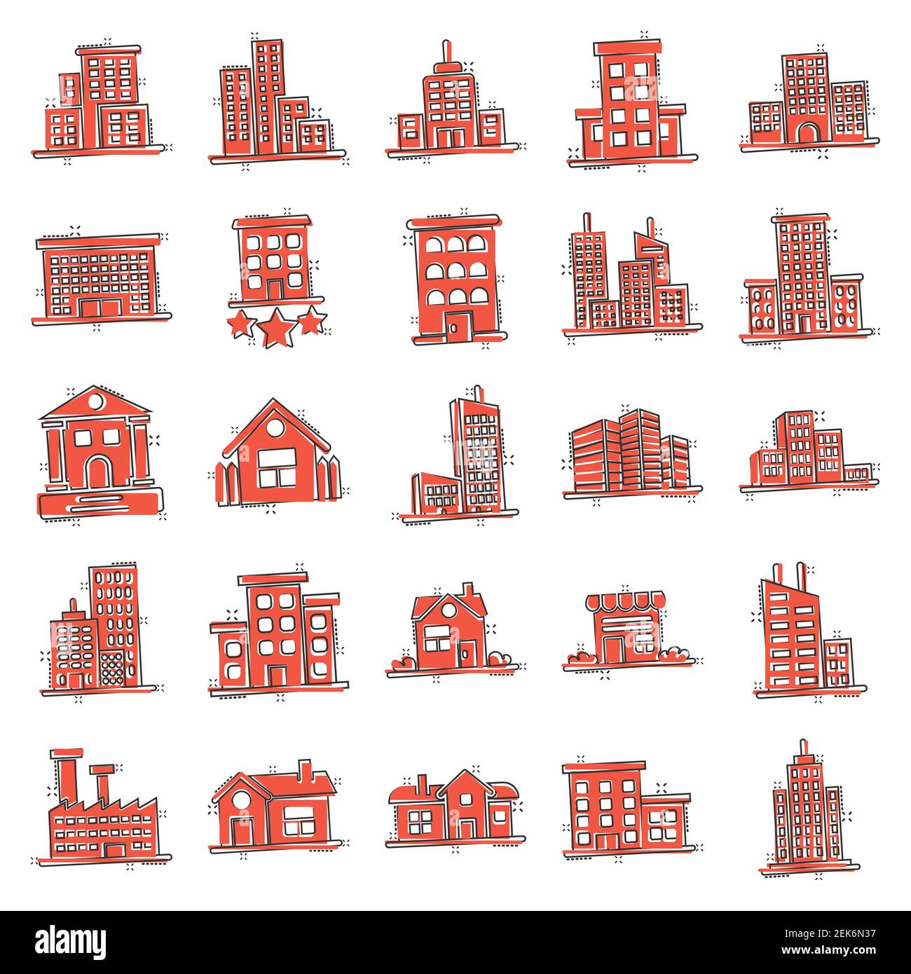 Building icon set in comic style. Town skyscraper apartment cartoon ...