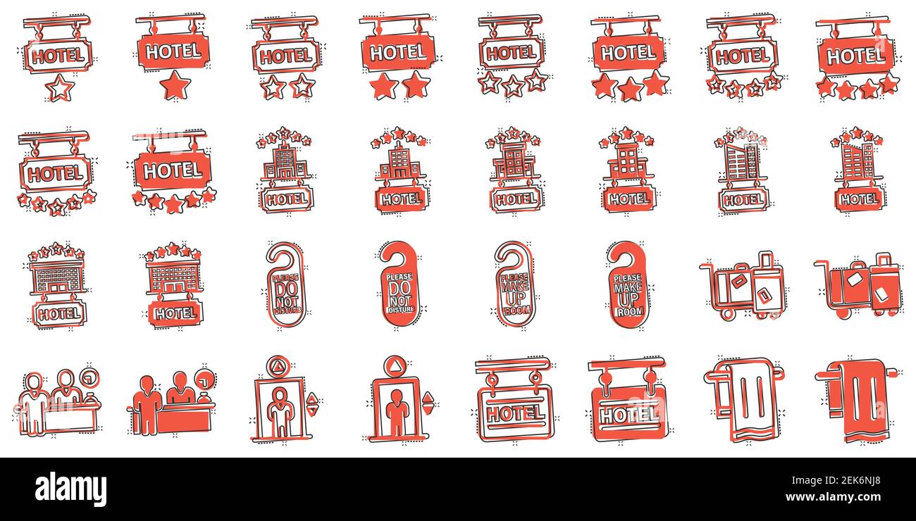 Hotel icon set in comic style. Booking cartoon vector illustration on ...