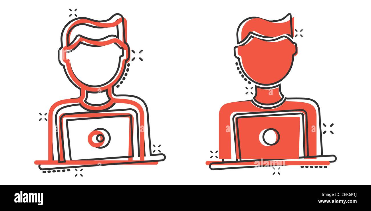 People with laptop computer icon in comic style. Pc user cartoon vector ...