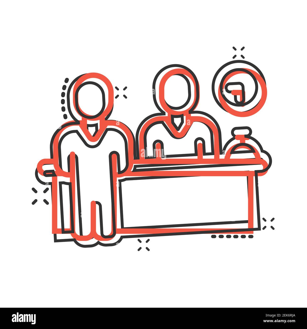 Check in reception icon in comic style. Booking service cartoon vector ...