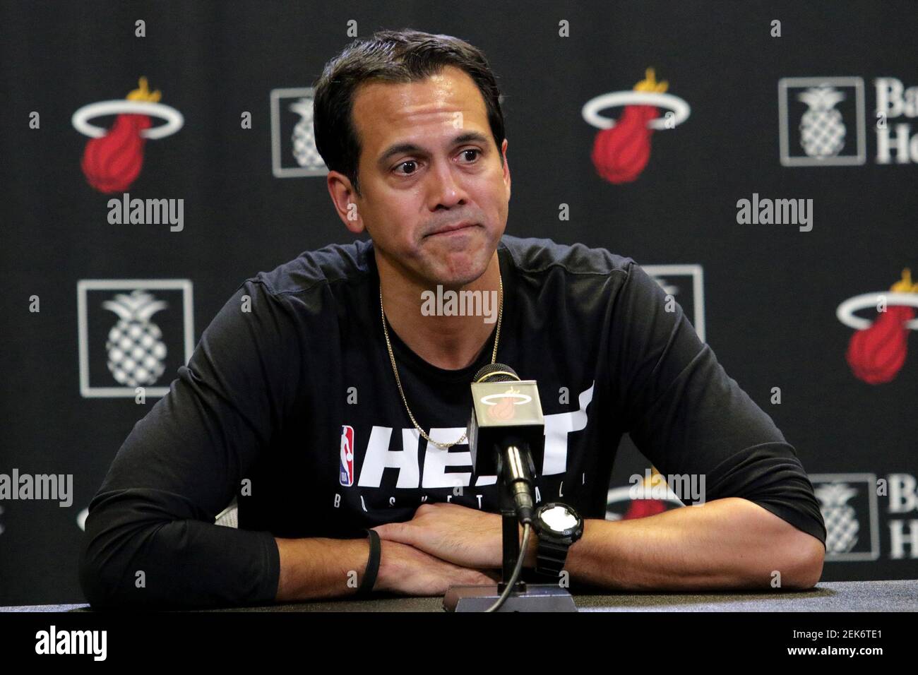 Miami Heat coach Erik Spoelstra on Saturday discusses the NBA's resumption plan. (Photo by John ...