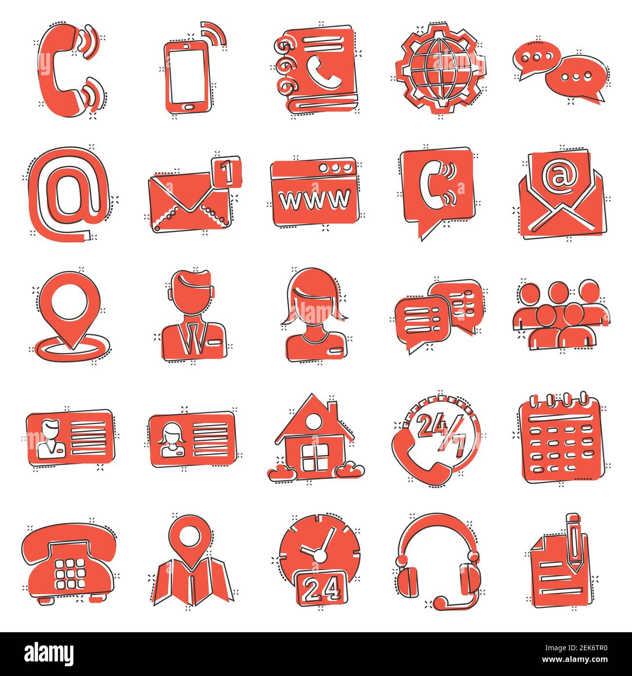 Contact icon set in comic style. Phone communication cartoon vector ...