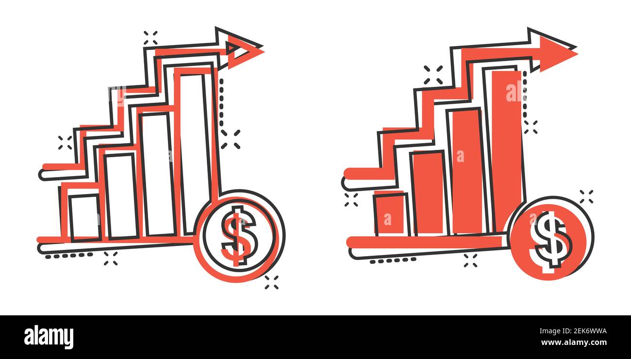 Market trend icon in comic style. Growth arrow with magnifier cartoon ...