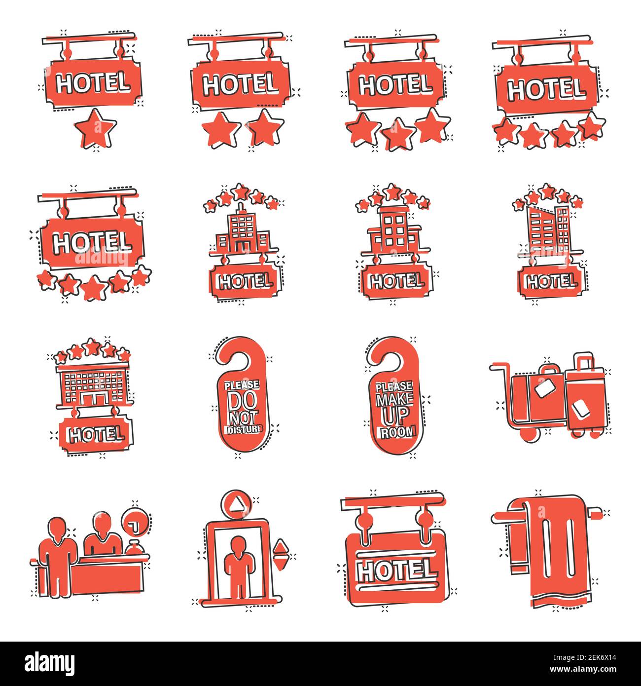 Hotel icon set in comic style. Booking cartoon vector illustration on ...