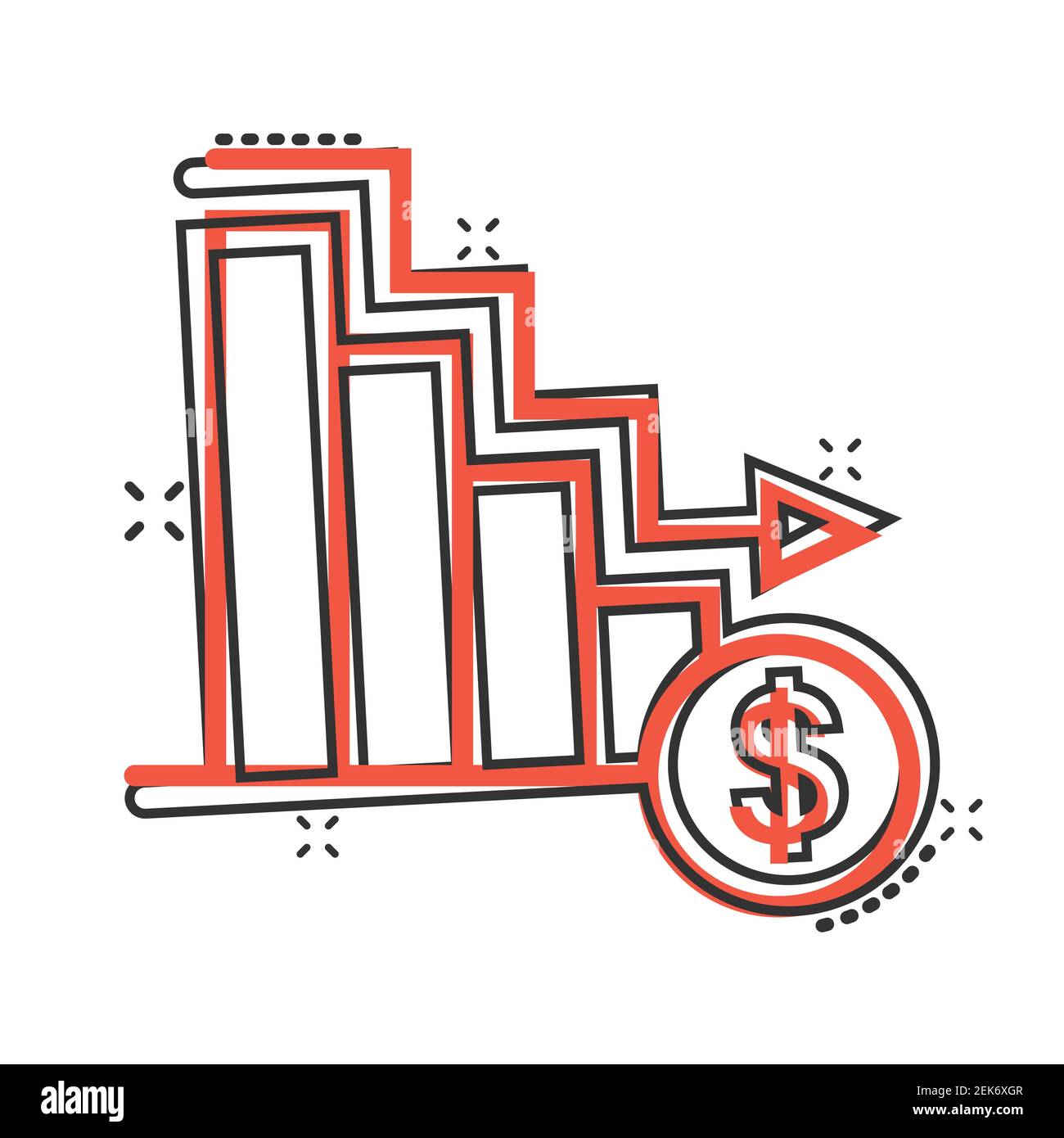 Market trend icon in comic style. Decline arrow with magnifier cartoon ...