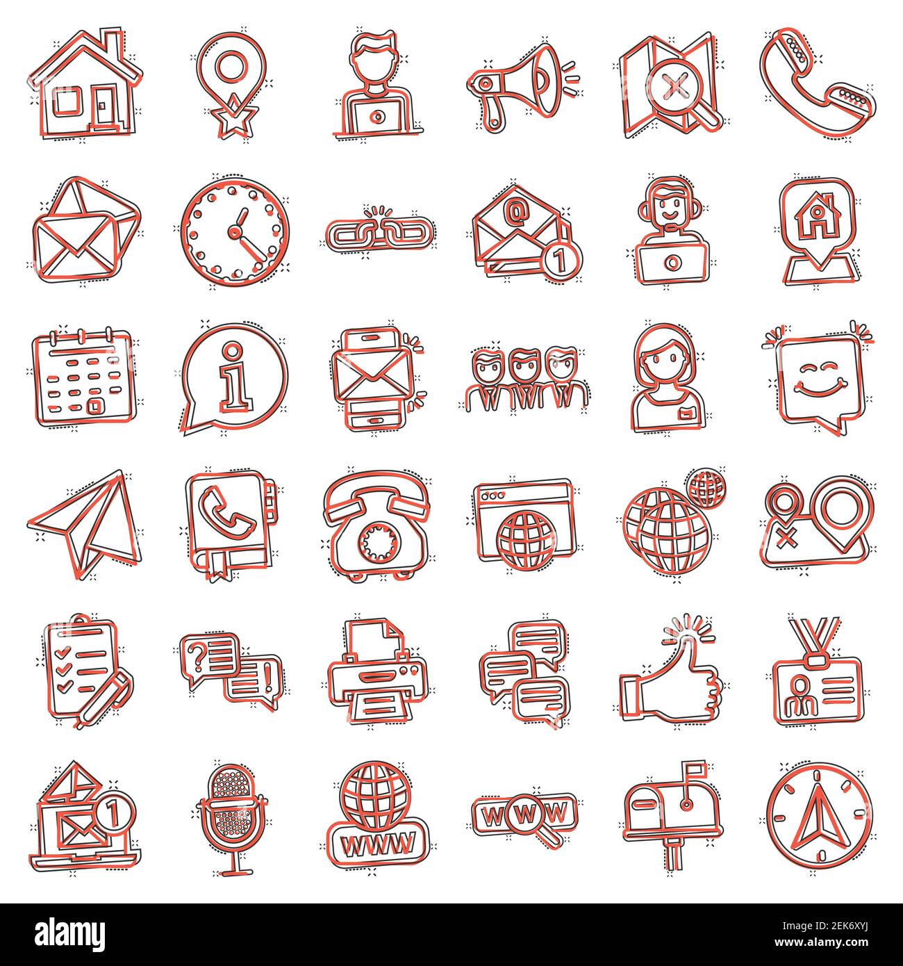 Contact us icon set in comic style. Mobile communication cartoon vector ...