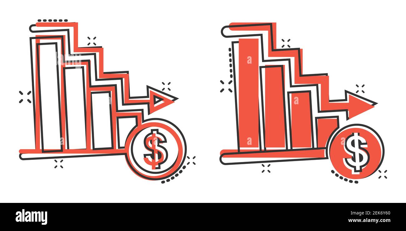 Market trend icon in comic style. Decline arrow with magnifier cartoon vector illustration on ...