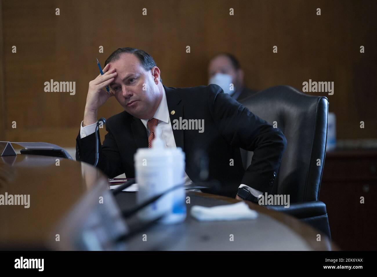 United States Senator Mike Lee (Republican of Utah) listens during a U ...