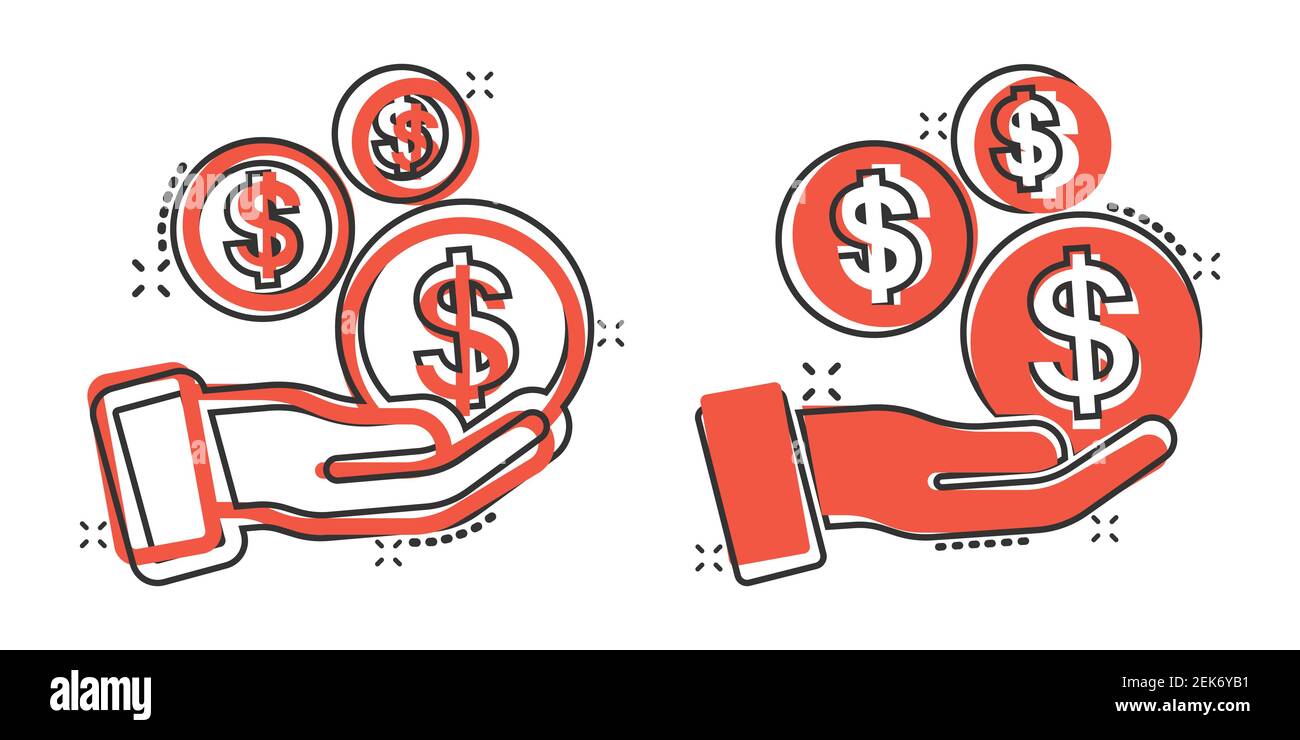 Remuneration icon in comic style. Money in hand cartoon vector ...