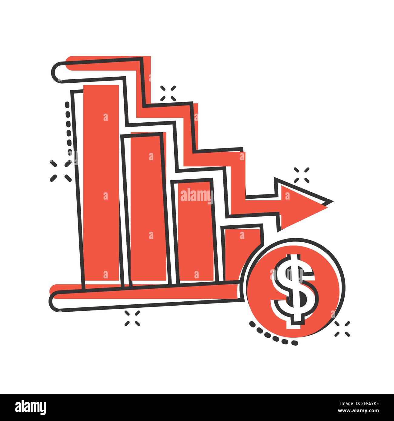 Market trend icon in comic style. Decline arrow with magnifier cartoon vector illustration on ...