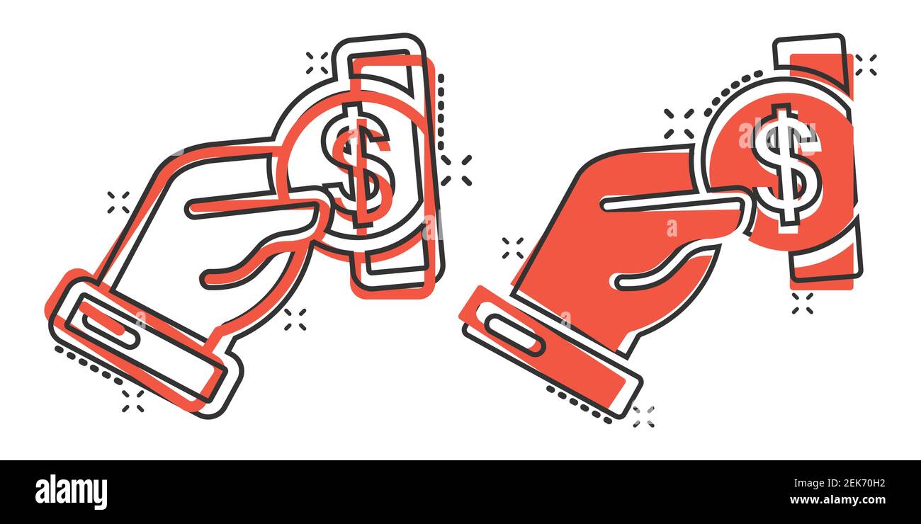 Remuneration icon in comic style. Money in hand cartoon vector ...