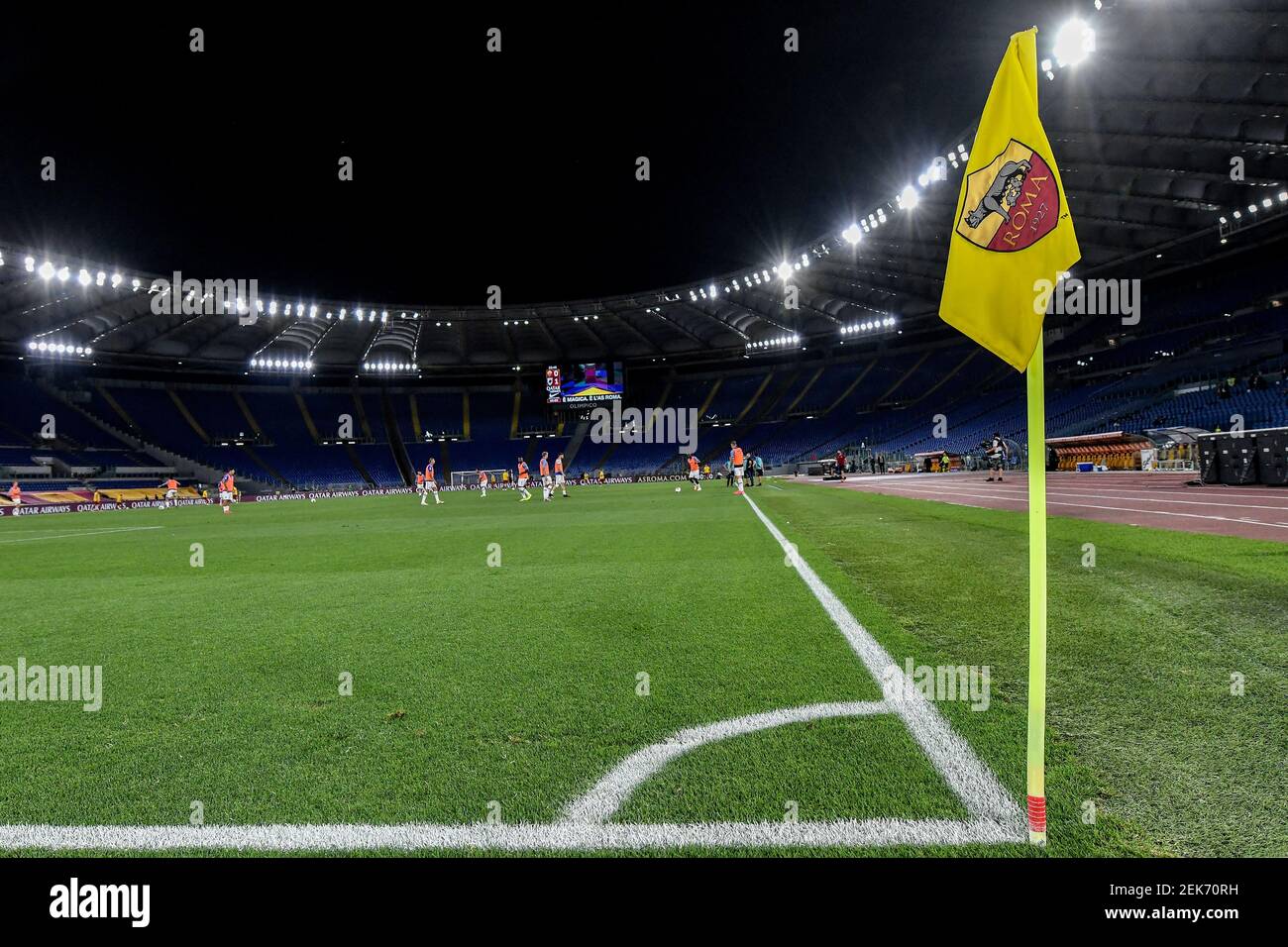 AS Roma logo on corner flag is seen during the Serie A football match ...