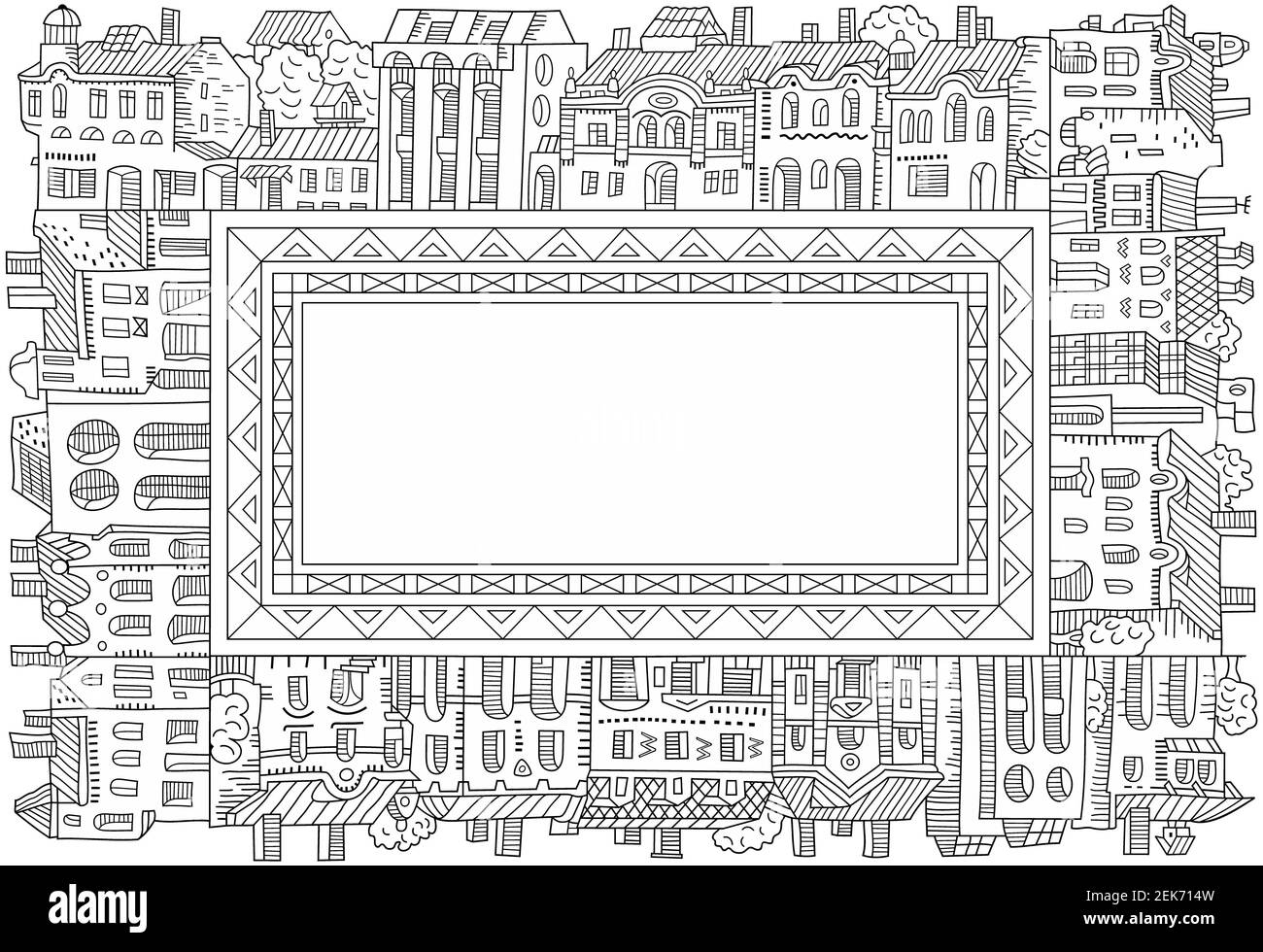 Hand drawn cartoon vintage houses frame Stock Photo - Alamy