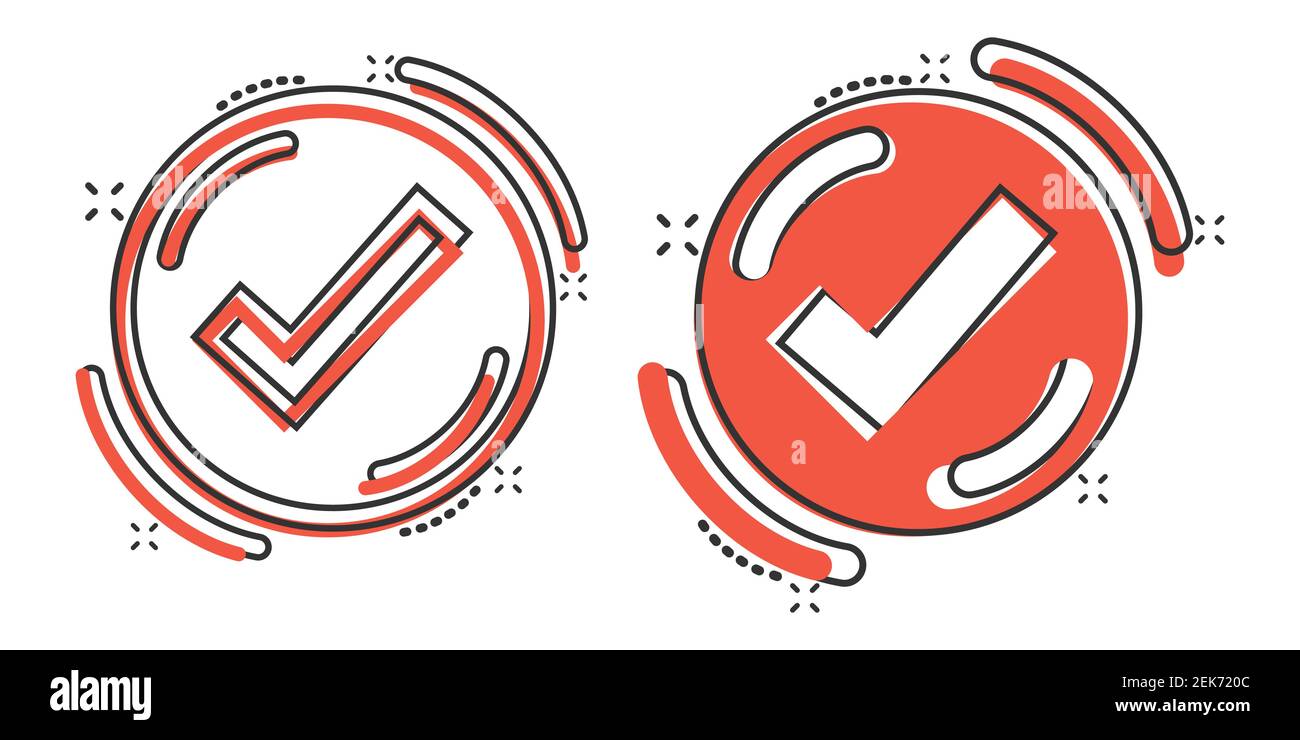 Check mark sign icon in comic style. Confirm button cartoon vector ...