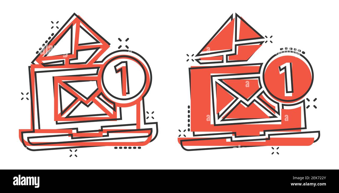 Laptop with email icon in comic style. Mail notification cartoon vector ...