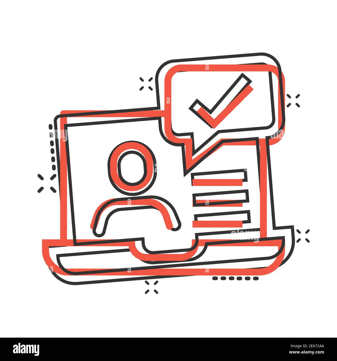 People with laptop computer icon in comic style. Pc user check mark ...