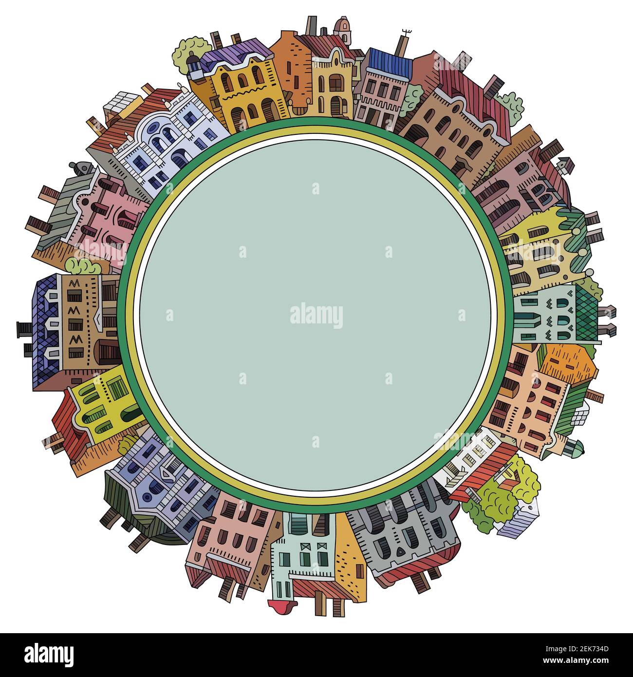 Hand drawn cartoon vintage houses frame Stock Photo - Alamy