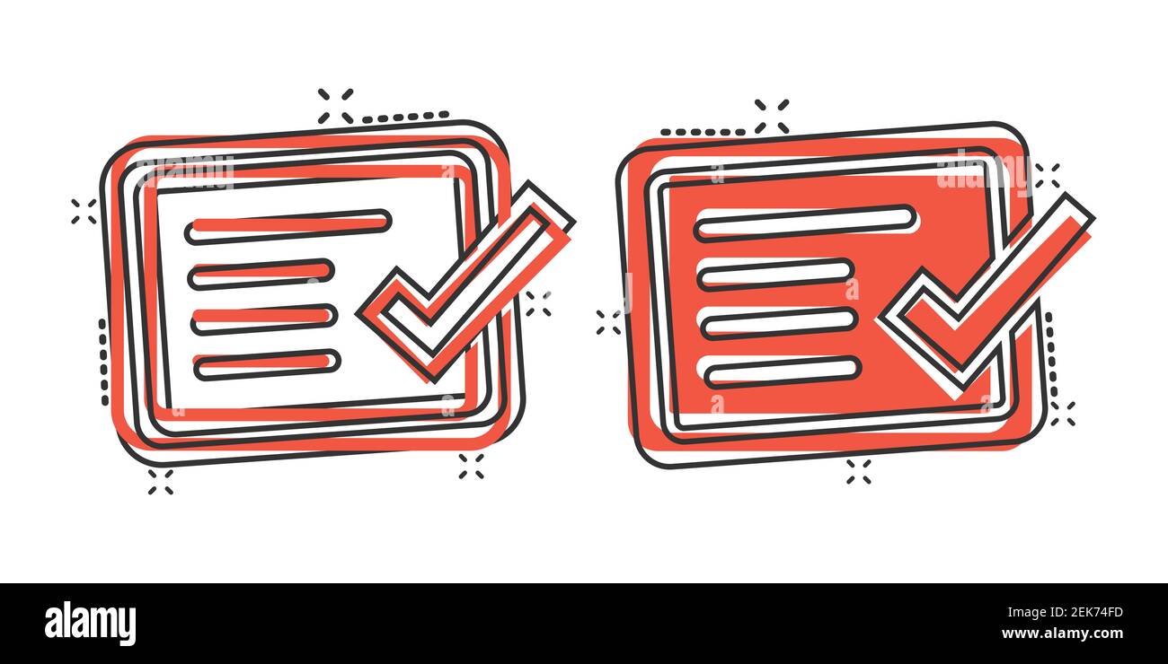 Approve certificate icon in comic style. Document check mark cartoon ...