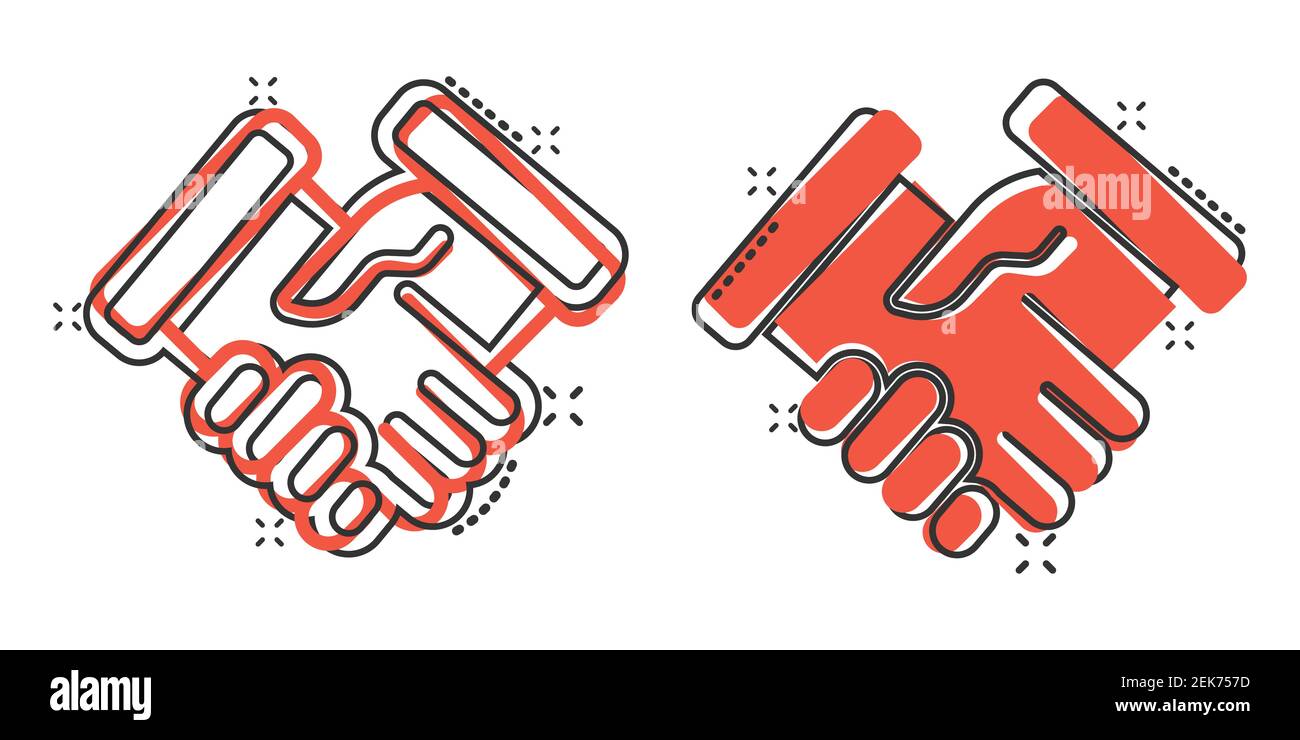 Handshake icon in comic style. Partnership deal cartoon vector ...