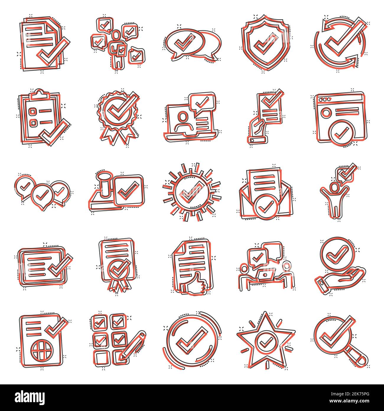 Approve icon set in comic style. Check mark cartoon vector illustration ...