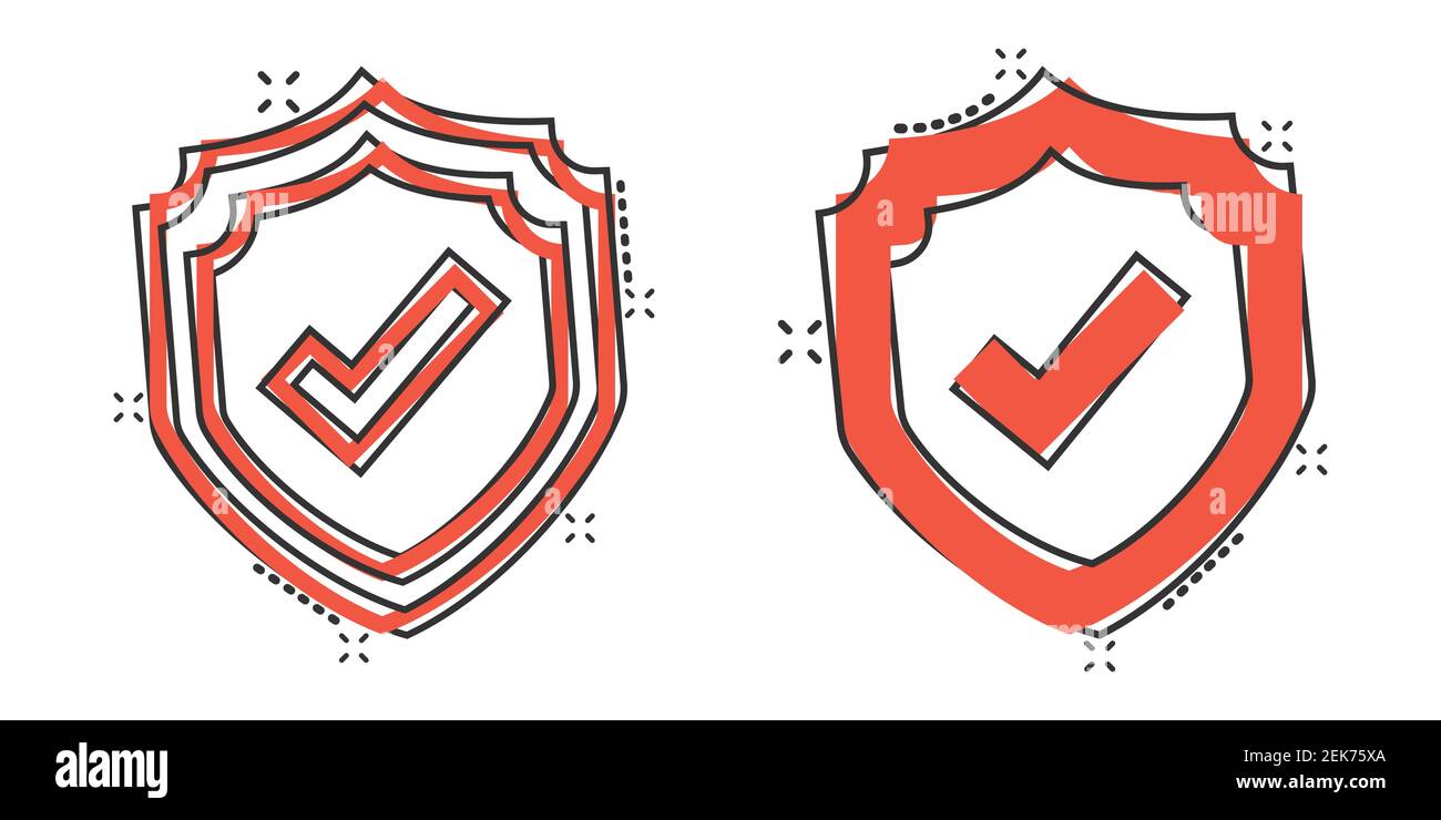 Shield with check mark icon in comic style. Protect cartoon vector ...