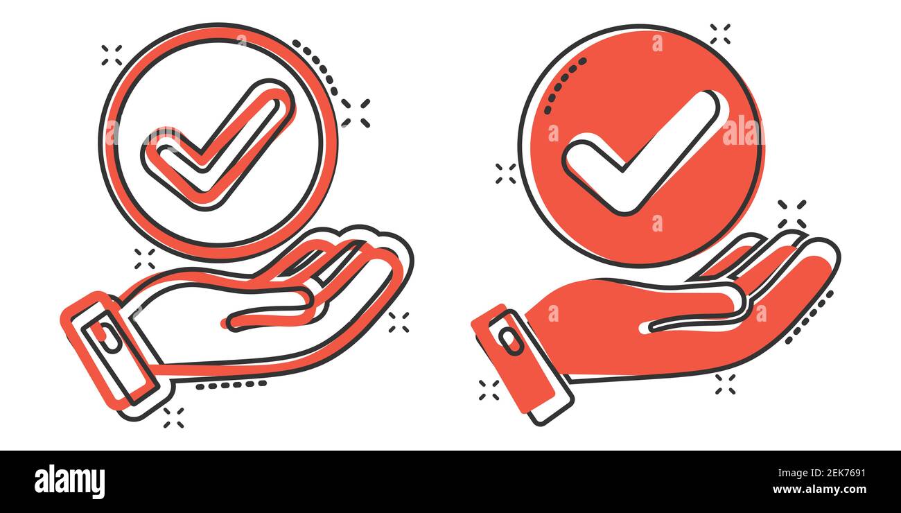 People hand with check mark icon in comic style. Accept cartoon vector ...