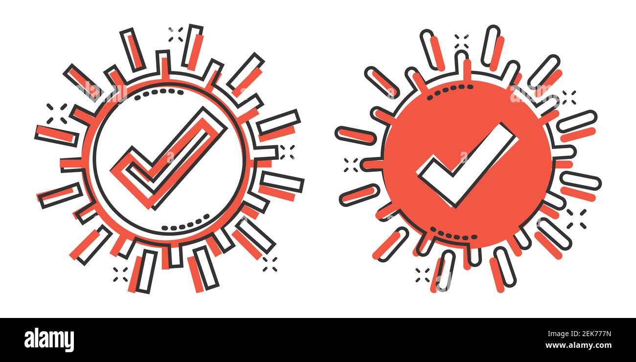 Check mark sign icon in comic style. Confirm button cartoon vector ...