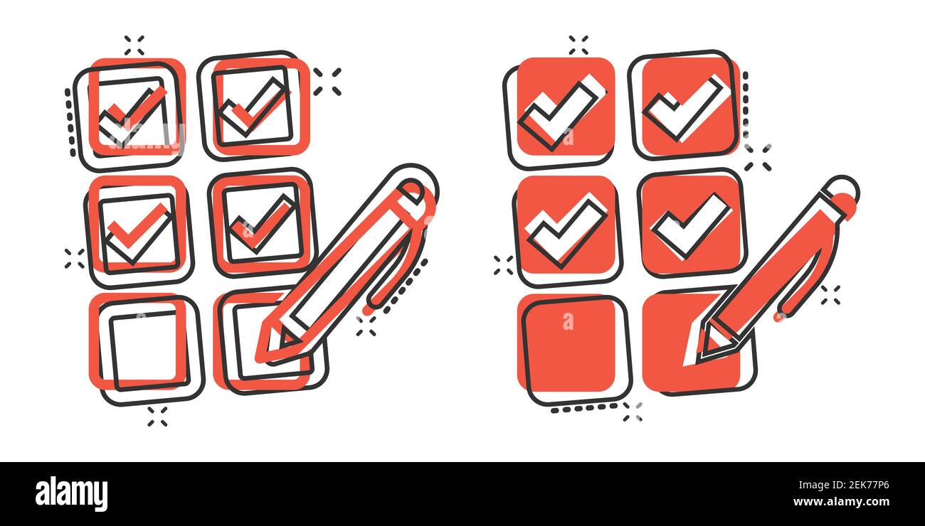 Checklist document icon in comic style. Survey cartoon vector ...
