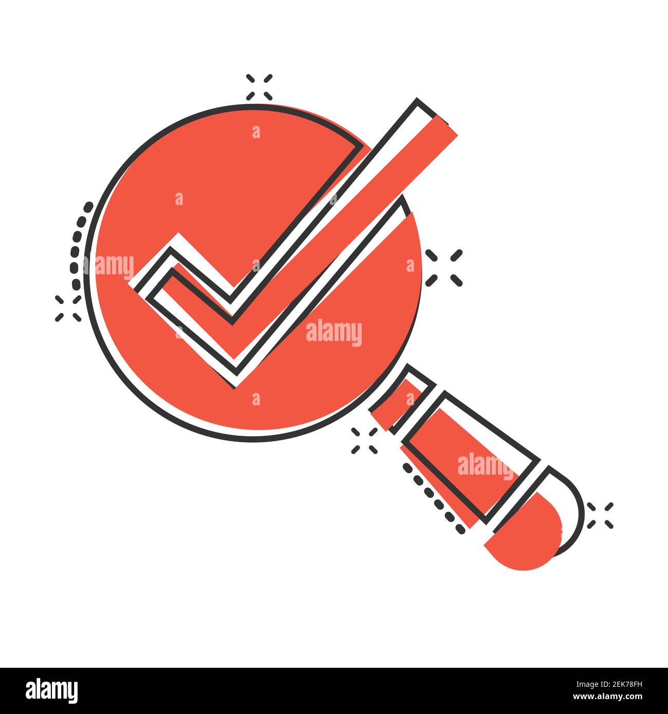 Check mark with magnifying glass icon in comic style. Loupe accept ...