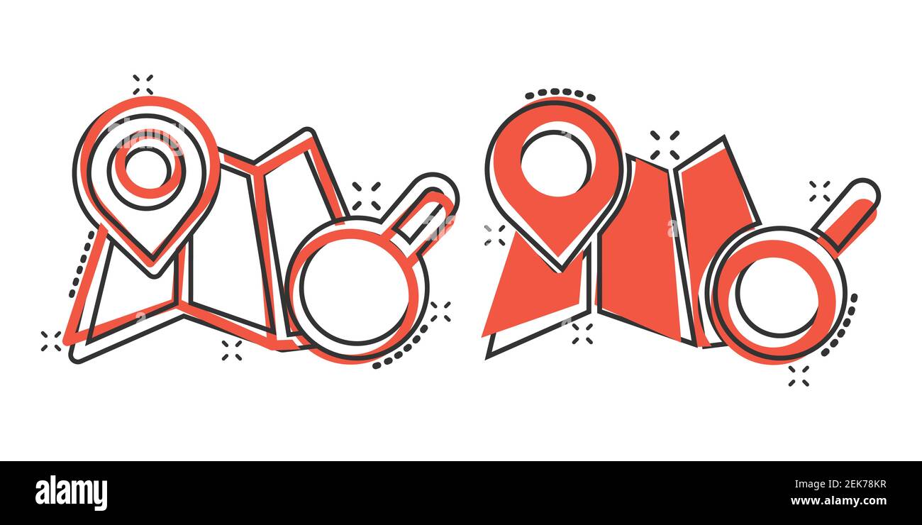 Map with magnifier icon in comic style. Gps navigation cartoon vector ...