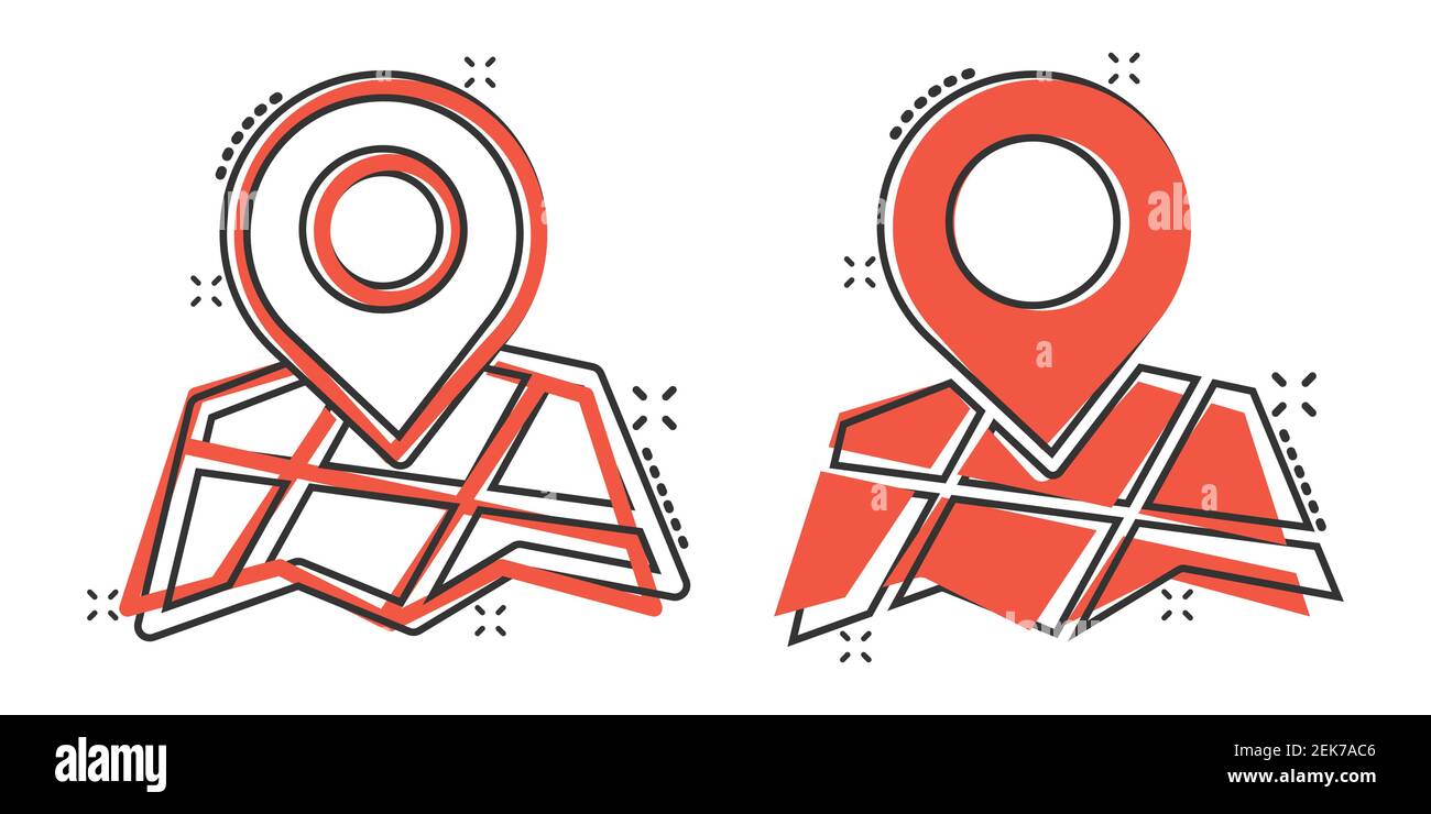 Map pin icon in comic style. GPS navigation cartoon vector illustration ...