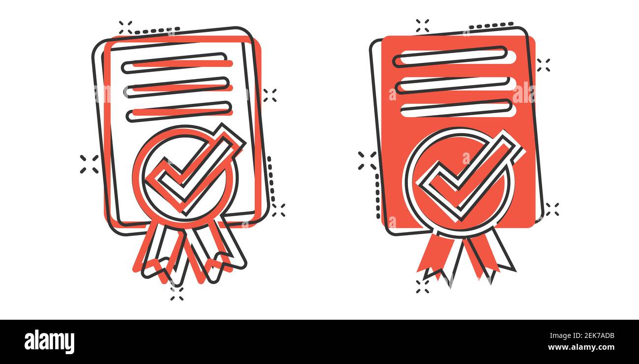 Approve certificate icon in comic style. Document check mark cartoon ...