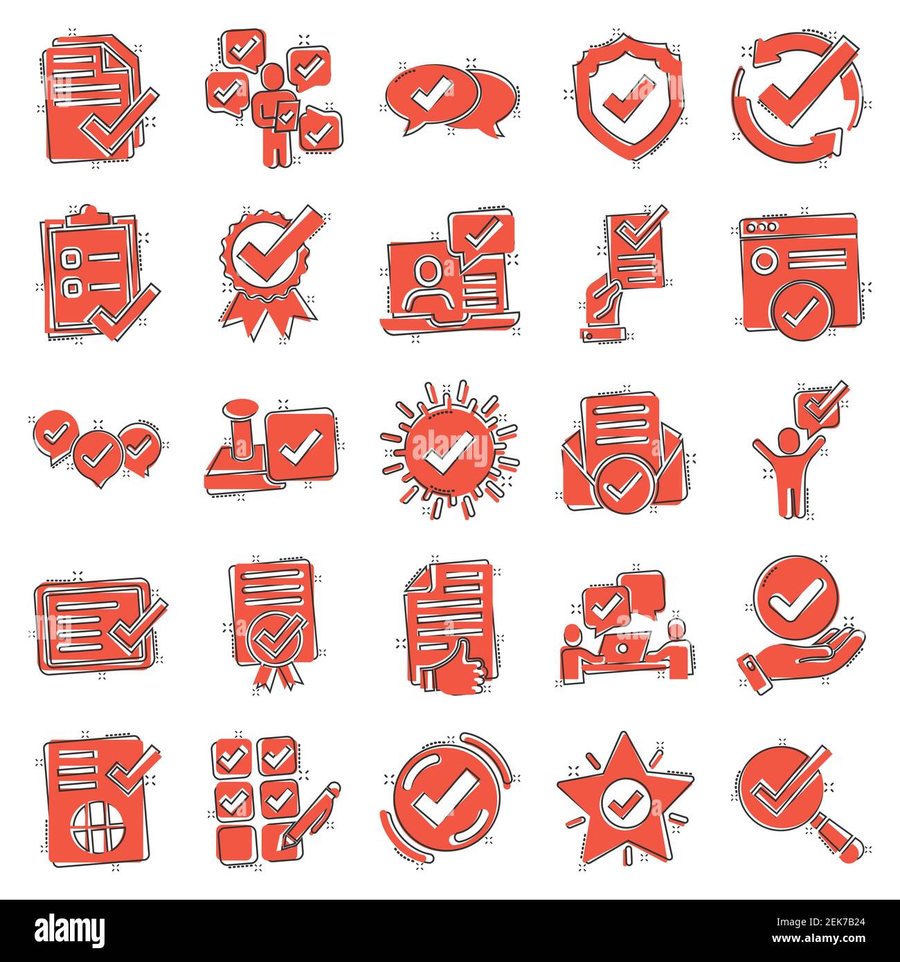 Approve icon set in comic style. Check mark cartoon vector illustration ...