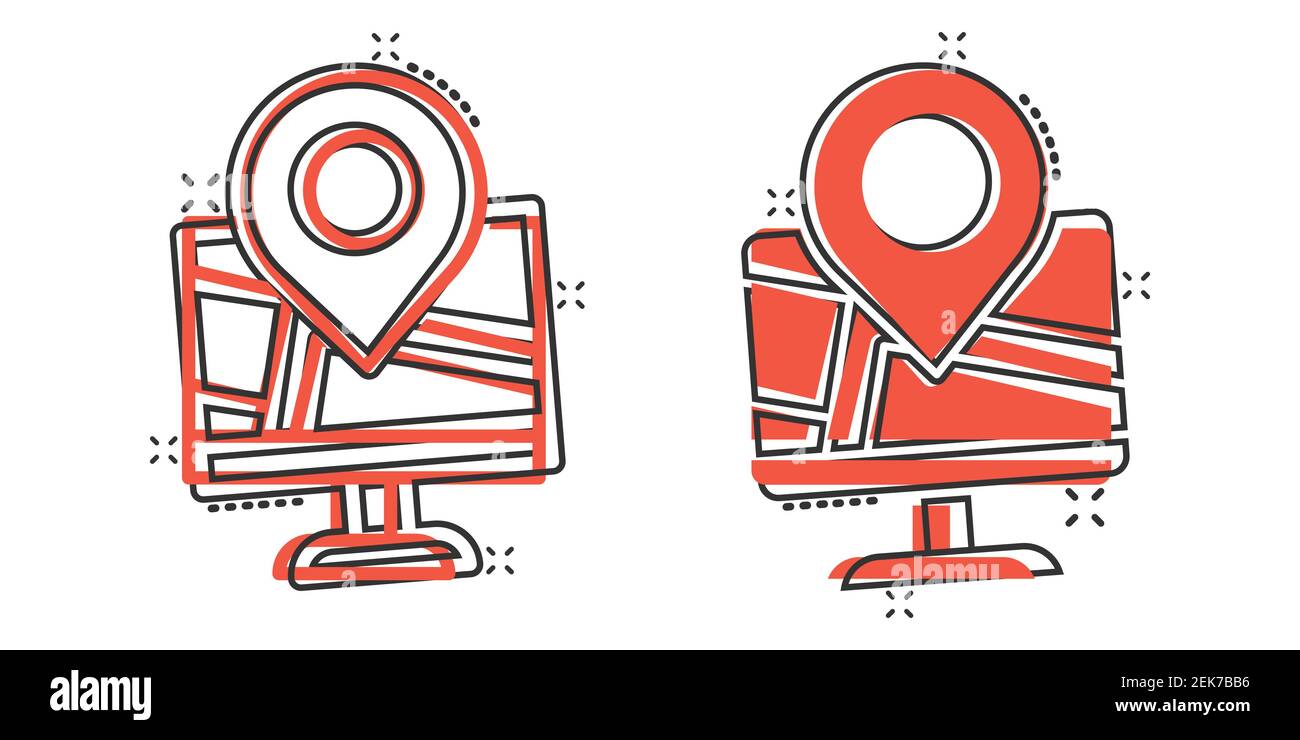Computer navigation icon in comic style. Monitor pin gps cartoon vector ...