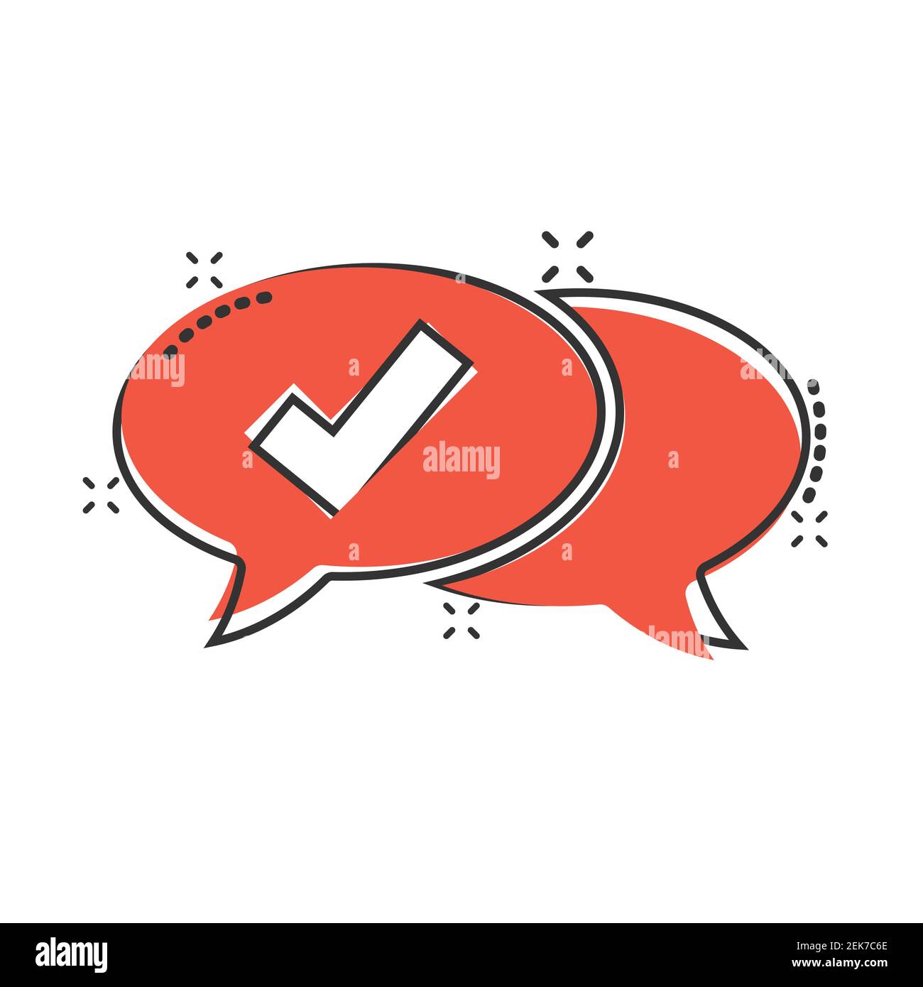 Speak chat sign icon in comic style. Speech bubble with check mark ...