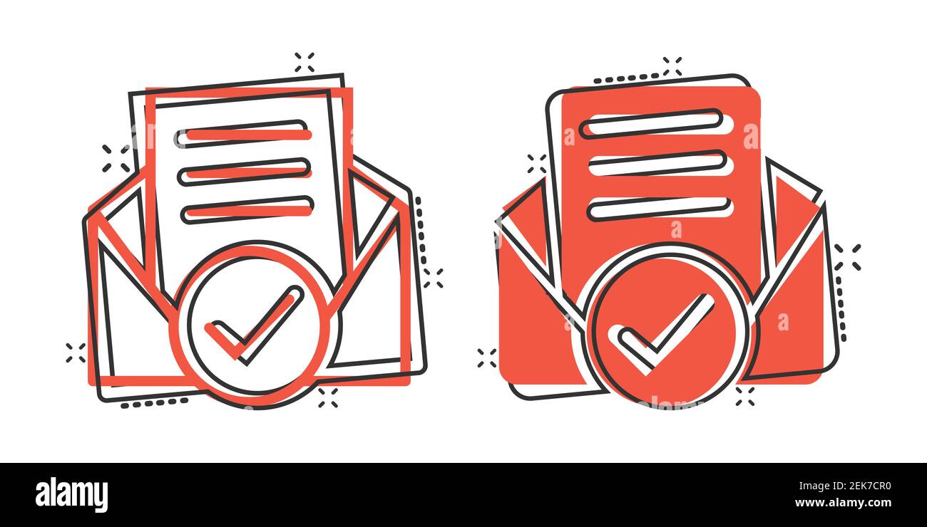 Envelope with confirmed document icon in comic style. Verify cartoon ...