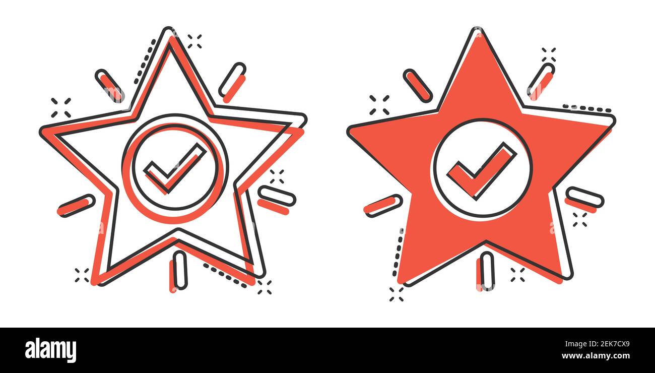 Check mark with star icon in comic style. Add to favorite cartoon ...